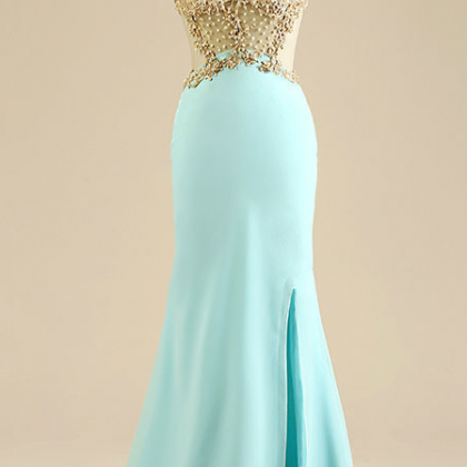 Front Slit Prom Dresses, Mermaid Evening Dresses,champagne Appliques ...
