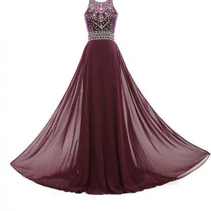 Burgundy Color Women Formal Dress Open Back Beadings Chiffon Party Long ...