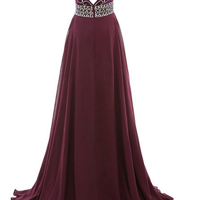 Burgundy Color Women Formal Dress Open Back Beadings Chiffon Party Long ...