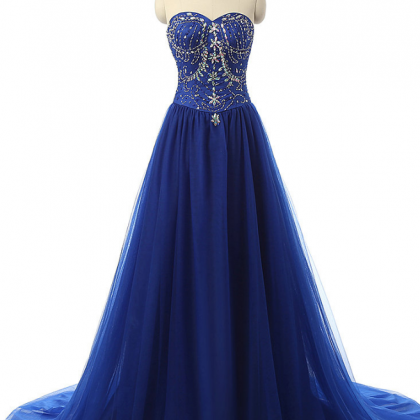 New Arrival Royal Blue Beading Tulle Long Prom Dresses,Pretty ...
