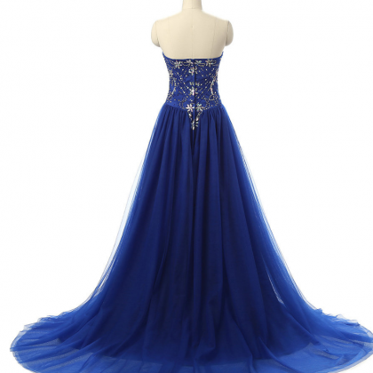 New Arrival Royal Blue Beading Tulle Long Prom Dresses,Pretty ...