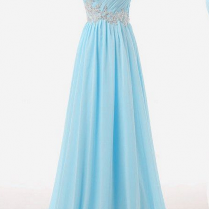 A Sleeveless, Light Blue Long Chiffon Dress With Ruffled Lace And ...