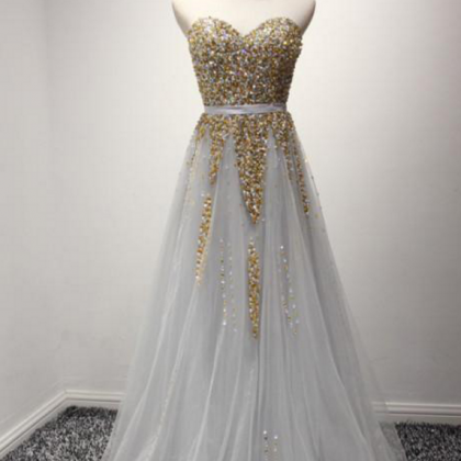Sparking Silver Party Prom Dresses Sweetheart Gold Beaded Princess A ...