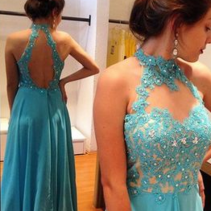 Elegant Long Blue Chiffon Prom Dress With Open Back on Luulla