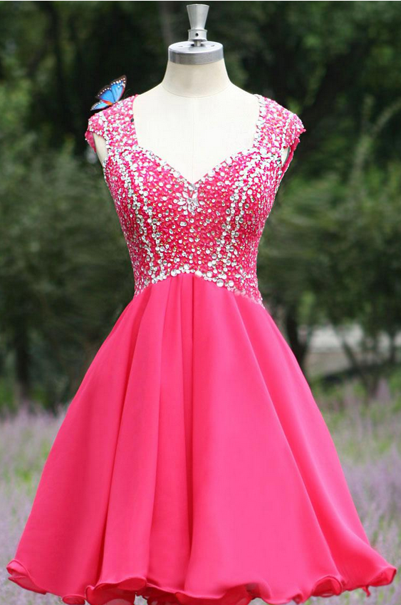 Beaded Embellished Diamond Neckline Short Chiffon Homecoming Dress ...