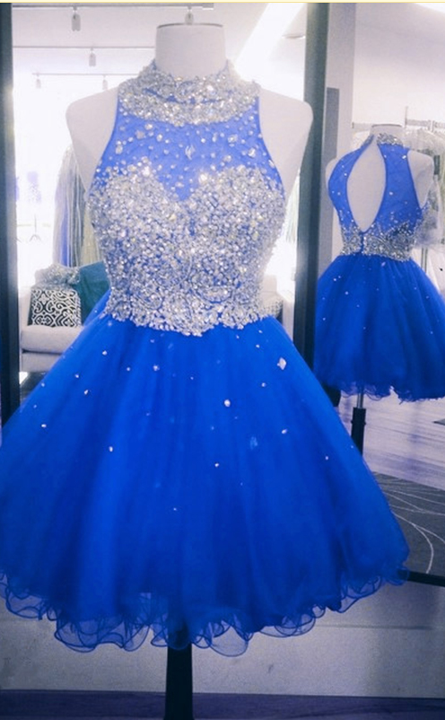 Blue Beaded One Shoulder Mini Prom Dresses Short Evening Dresses on Luulla