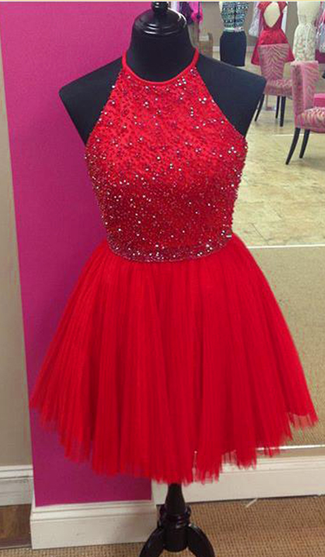 Cute Red Beaded One Shoulder Mini Prom Dresses Short Evening Dresses on ...