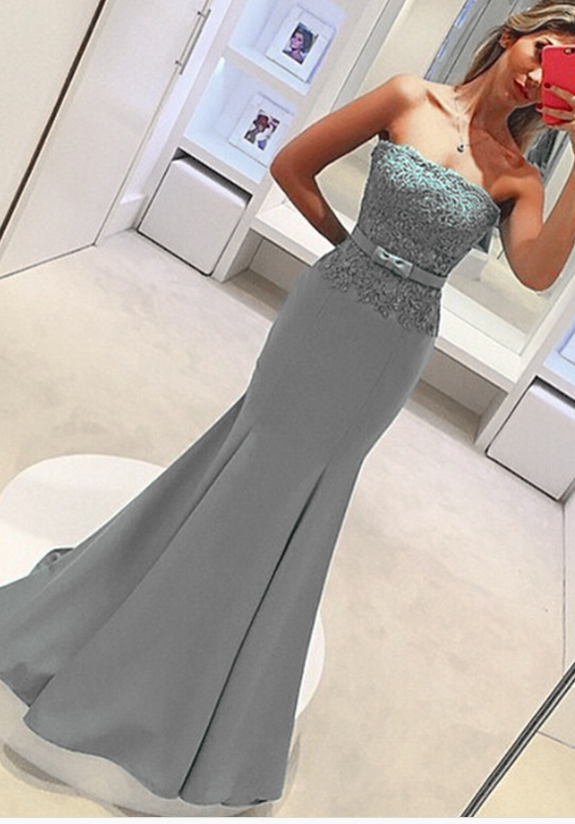 Gray Prom Dresses Strapless Mermaid Satin Evening Dresses Long Elegant ...