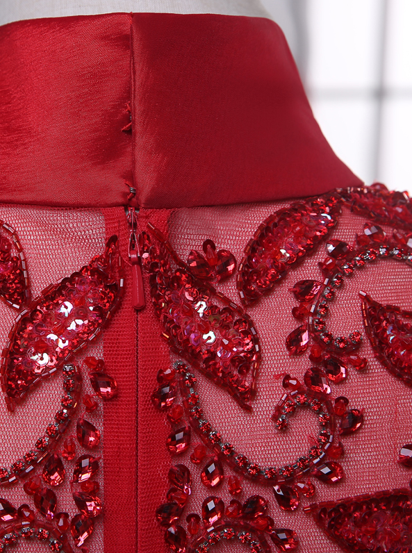 High Neck Vintage Red Lace Evening Dress, Long Evening Dress, Cap ...