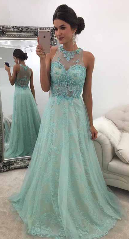 A-line Round Neck Sweep Train Mint Green Prom Dress With Beading Lace ...