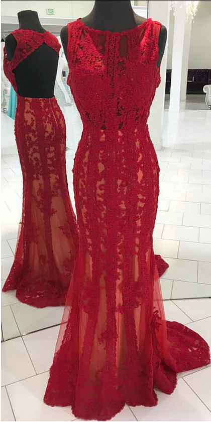 Red Sweetheart Sheath Slit Prom Dress,sheer Back Evening Gown With Lace ...