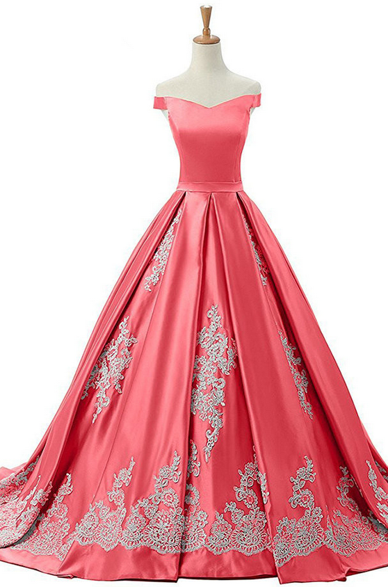 V Neck Off The Shoulder Ruched Satin Appliques Prom Gowns Formal