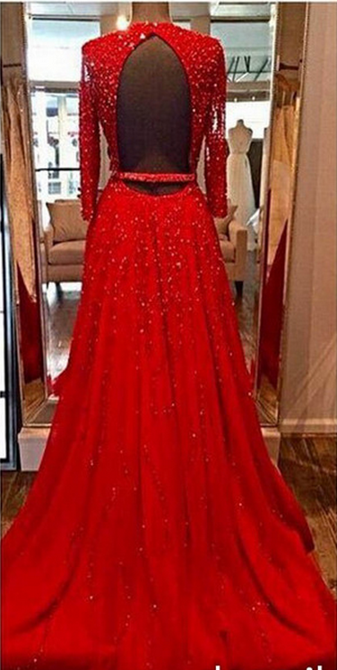 Design Elegant Prom Dress,red Long Sleeves Prom Dresses,evening Dresses ...