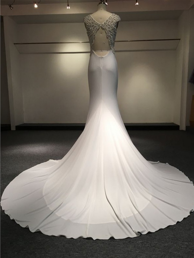 Evening Dresses High Neck All White Sexy Backless Jersey Mermaid Prom ...