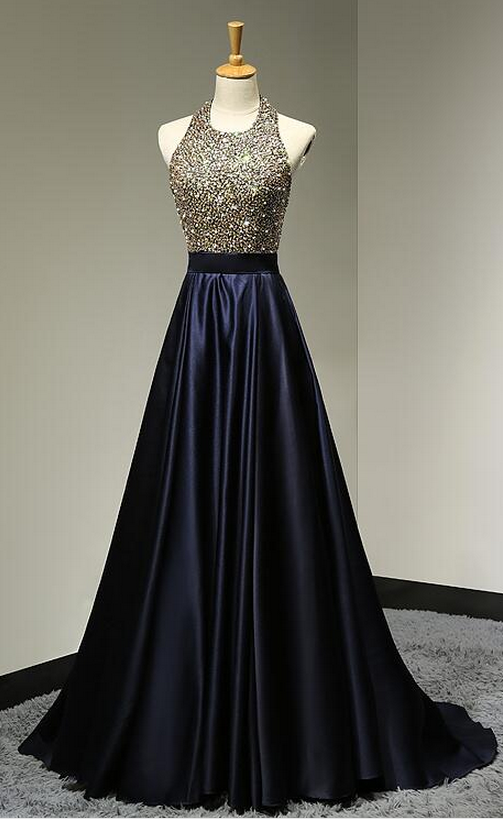 Floor Length Halter Neckline Open Back Dark Navy Blue Prom Dresses on ...