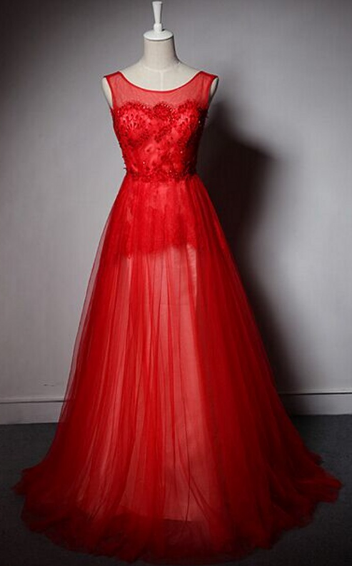 Custom Made Red Prom Dress, A-line Prom Dress,tulle Prom Dress, Scoop ...