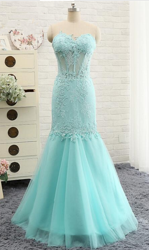Sexy Lace Mermaid Prom Dresses Sheer Sweetheart Mint Green Long Tulle ...