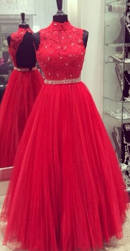 Red Prom Dress,lace And Tulle Prom Dress, High Neck Prom Dress,a-line ...