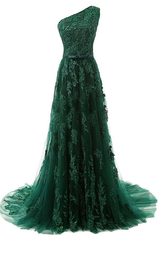Forest Green Lace Appliqués Tulle Floor Length Prom Dress Featuring One ...