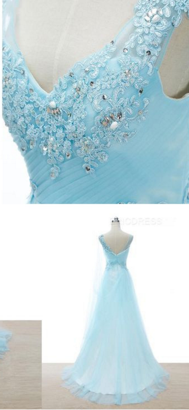 V Neck Long Tulle Light Blue Formal Occasion Dress With Appliques Lace ...