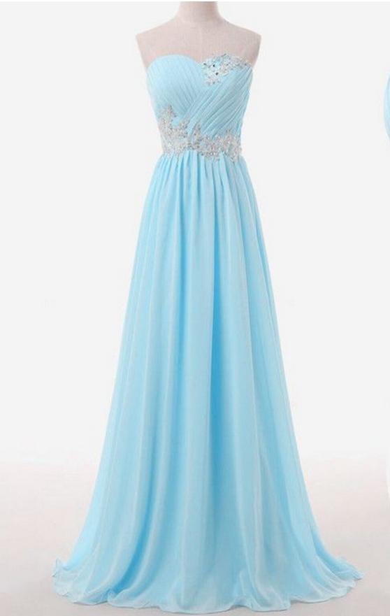 A Sleeveless, Light Blue Long Chiffon Dress With Ruffled Lace And ...