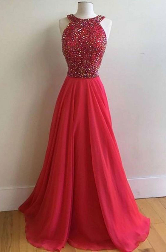 Halter Red Long Prom Dresses With Beaded Evening Dresses Long For Women