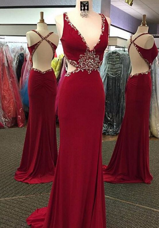 Sexy Open Back Party Dresses Evening V-neck Criss Cross Strap Crystal ...