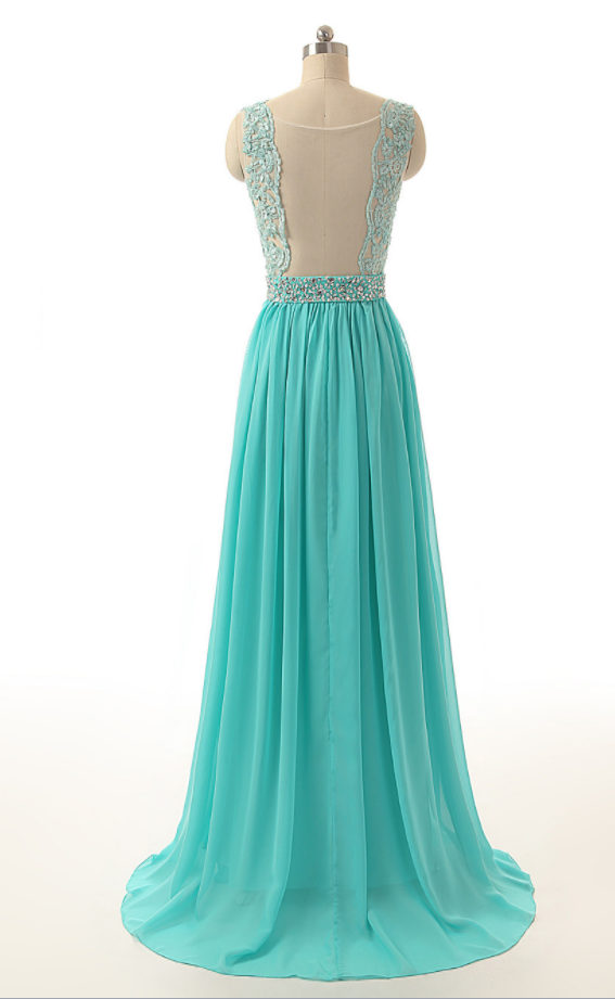 Turquoise Dresses Sheer Neck Back See Through Turquoise Blue Long ...