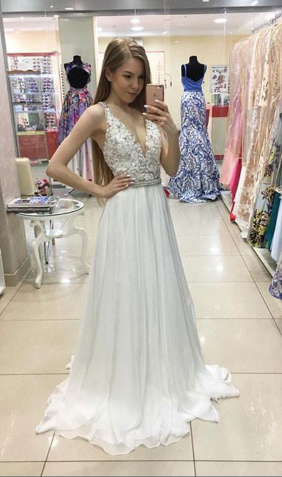 White V Neck Lace Long Prom Evening Dress on Luulla
