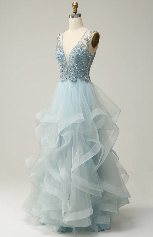 Elegant V Neck Tulle Formal Prom Dress, Beautiful Long Prom Dress ...