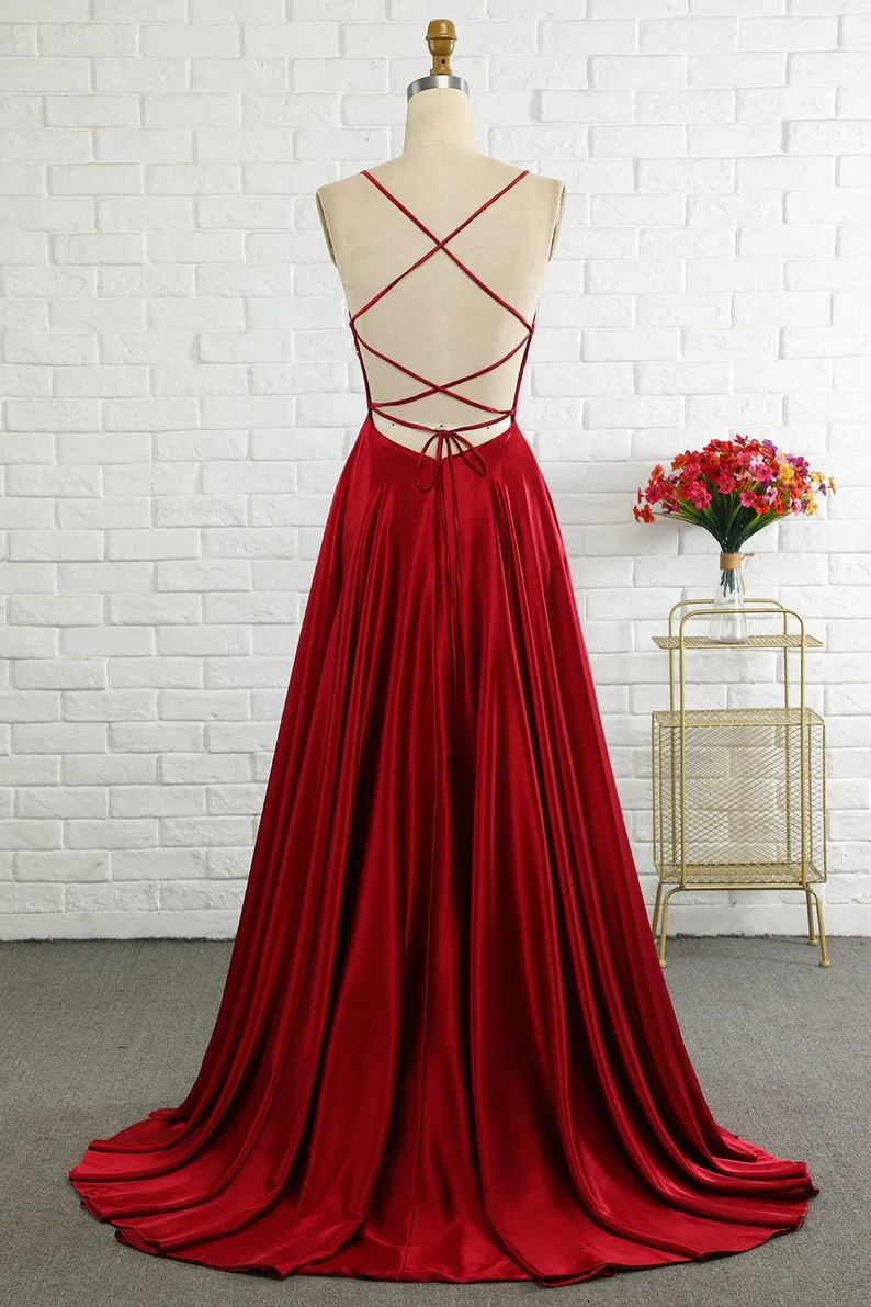 Elegant A-line V-neck Spaghetti-Straps Satin Formal Prom Dress ...