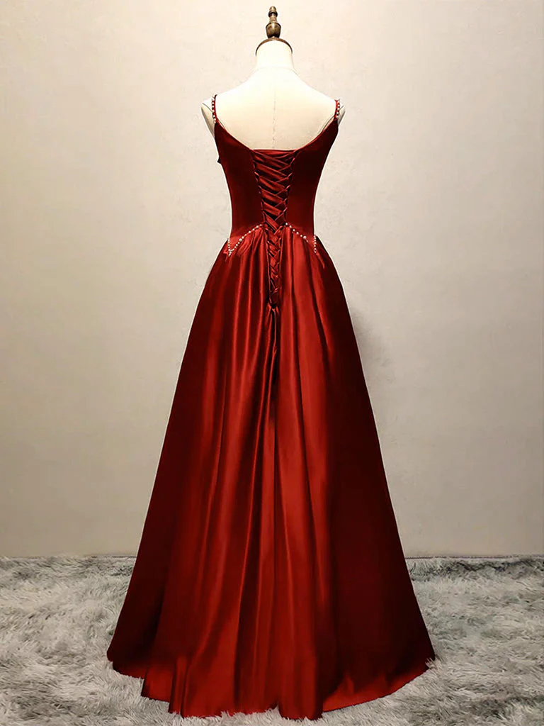 Prom Dresses,a-line Satin Burgundy Long Prom Dress, Burgundy Long ...