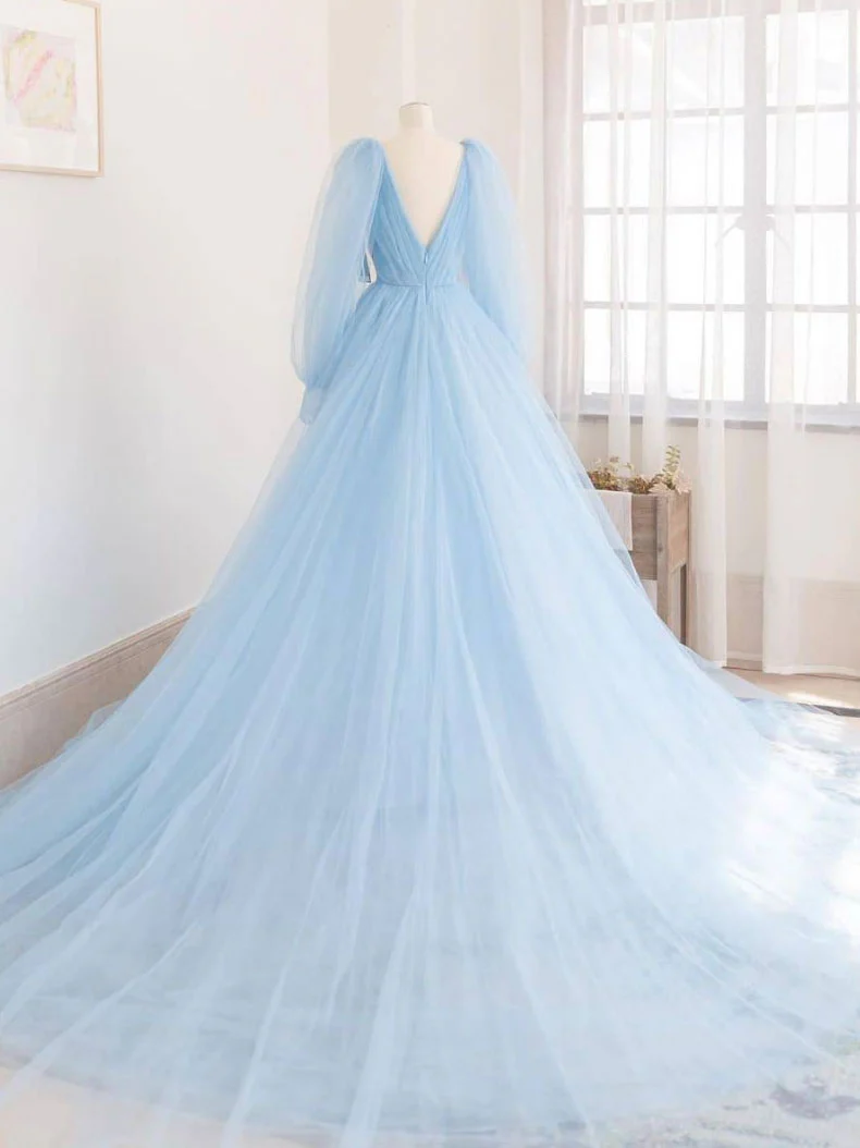 Prom Dresses,blue V Neck Tulle Long Prom Dress Blue Tulle Evening Dress ...