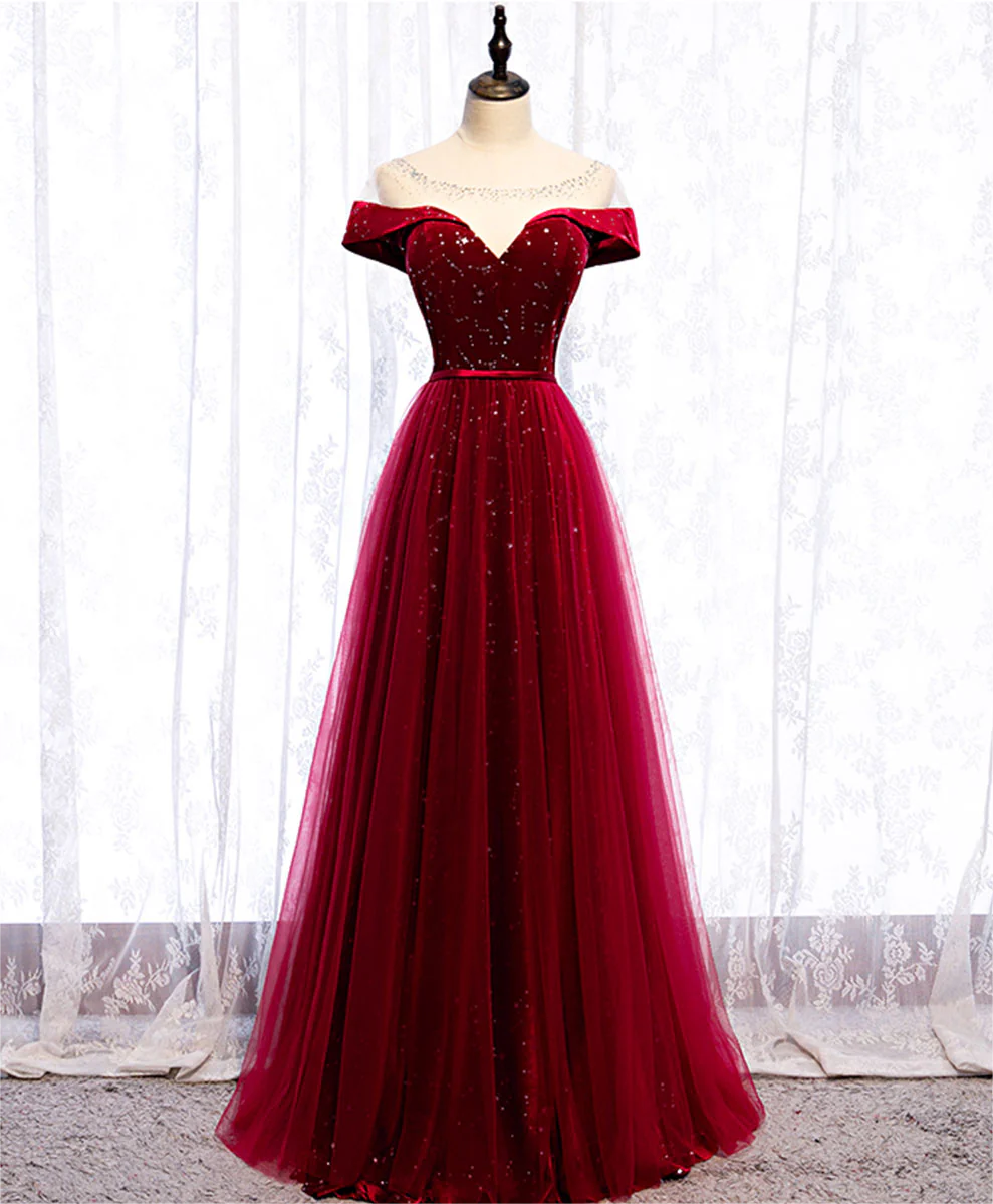 Prom Dresses,burgundy Round Neck Tulle Sequin Long Prom Dress Tulle ...