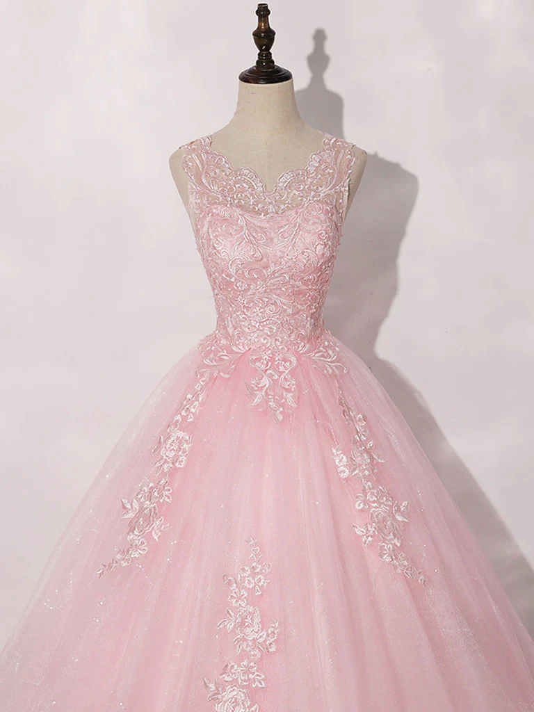 Prom Dresses,a-line Round Neck Tulle Lace Pink Long Prom Dress, Pink ...