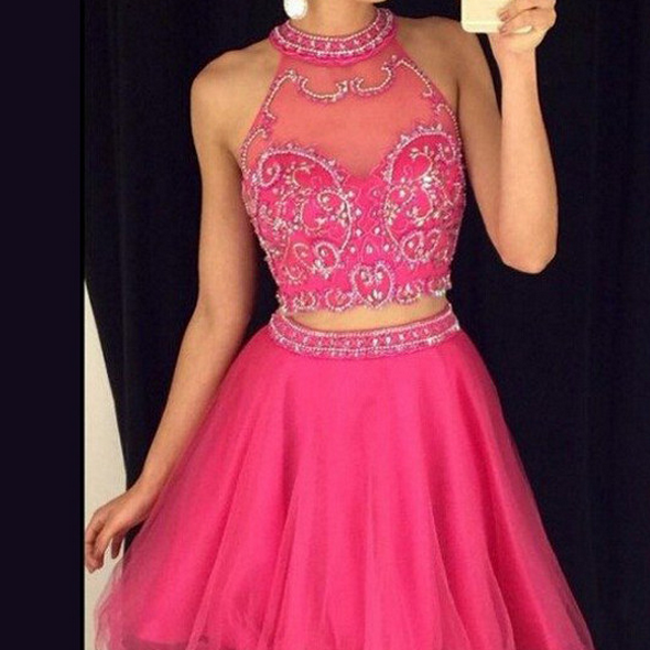 Two Piece High Neck Homecoming Dress,short Beaded Homecoming Dresses on ...