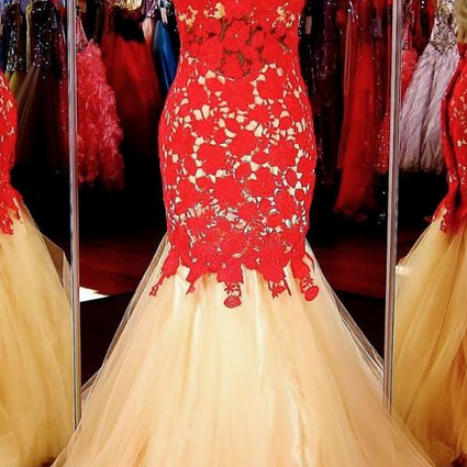 Gold Prom Dress With Red Lace,formal Dress,prom Dress Mermaid,lace Prom ...