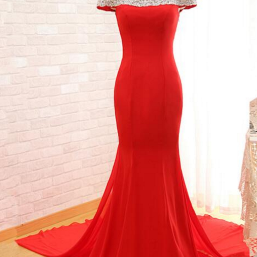 Sexy Strapless Cap Sleeve With Beading And Sequin Cathedral Train Red ...