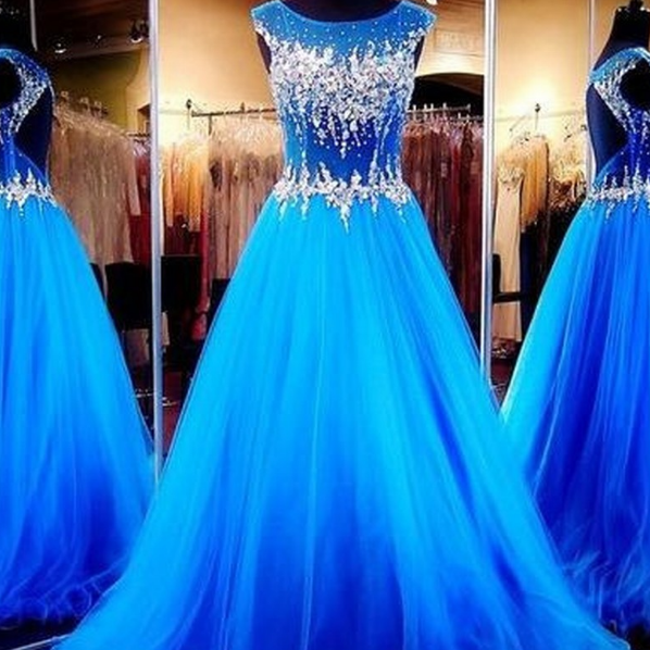 Royal Blue Crystals Luxury Prom Dresses Capped Sleeves Sheer Hollow ...