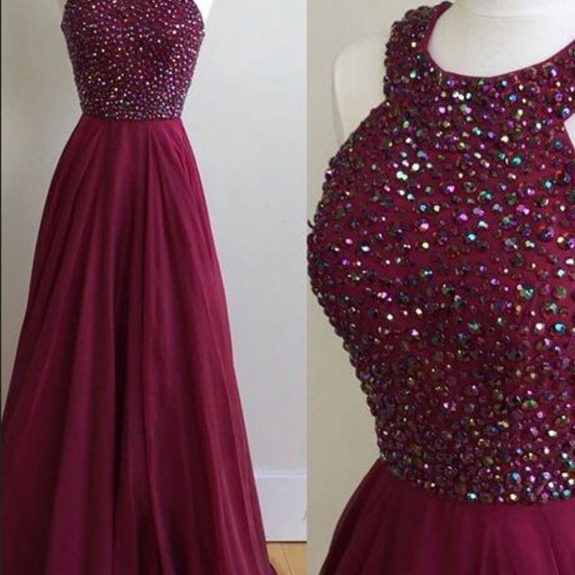 Round Neck Beaded Long Chiffon Prom Dress on Luulla