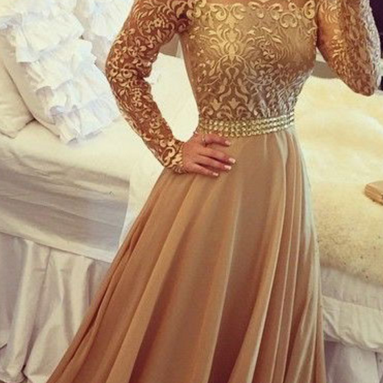 Elegant Long Sleeves Gold Prom Dresses Long Evening Dresses For Women ...