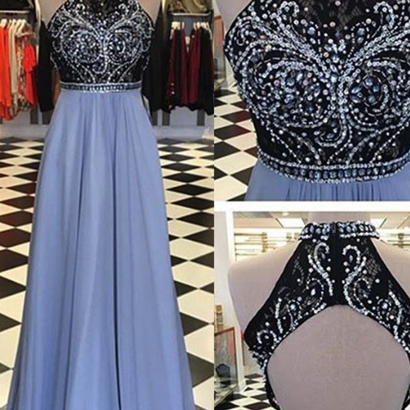 Charming Prom Dress, Black And Blue Prom Dress, Halter Prom Dress ...