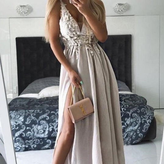 A-line V-neck Sleeveless Split Front Long Prom Dress With Appliques on ...