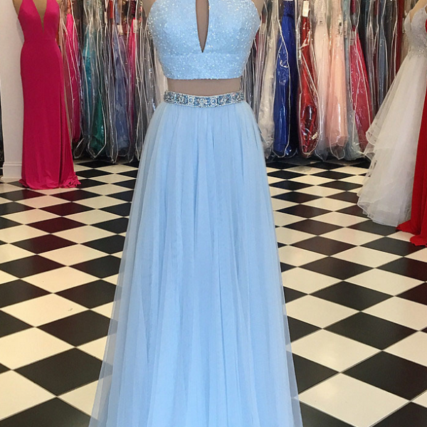 Light Blue Beaded High Neck Two Piece Prom Dress,split Formal Dress ...