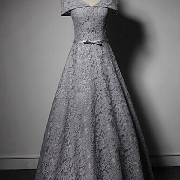 Grey Long Prom Dresses, Lace Prom Dress, Off Shoulder Prom Dress, Lace ...