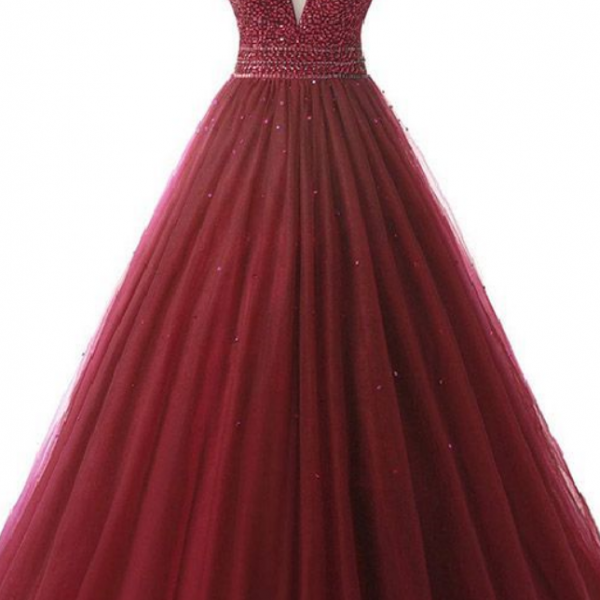 Burgundy Backless Ball Gown Prom Dresses, V-neck Formal Dresses Long ...