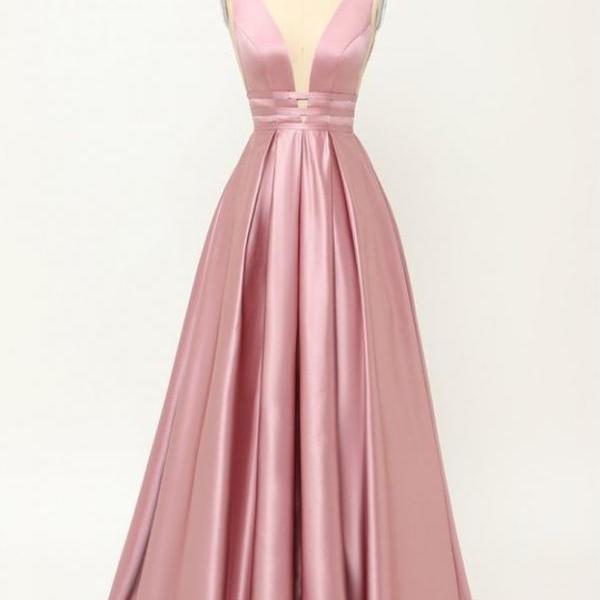 Burgundy Backless Ball Gown Prom Dresses, V-neck Formal Dresses Long ...