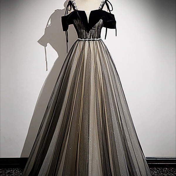 Prom Dresses,a-line Off Shoulder Tulle Black Long Prom Dress, Black ...
