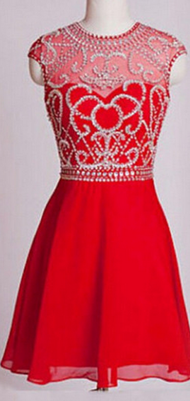Red High Neck Homecoming Dress, Capped Sleeves Chiffon,hollow Back ...