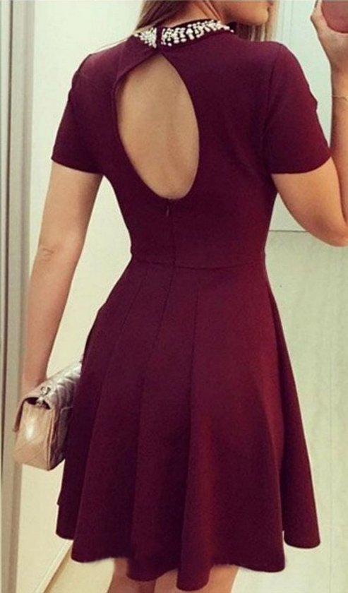 Maroon Short Sleeves Homecoming Dresses Beading Open Back Graduation ...